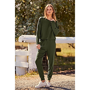 PRETTYGARDEN Women's Spring Fall Fashion Outfits 2 Piece Sweatsuit Long Sleeve Pullover Long Pants Ribbed Matching Lounge Set (Army Green,Large)