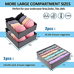 GOGOODA Bra Socks Drawer Organizers, 3 Pack Foldable Bra Drawer Organizer with Large Compartments -Washable PBT Fabric, Cabinet Organizer Box for Bras, Socks,Ties(4 +4+24Cell,Gray)