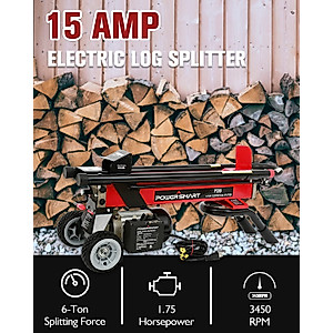 PowerSmart Log Splitter Electric, 6-Ton Hydraulic Log Splitter, 15 Amp Electric Log Splitter, Electric Wood Splitter, Horizontal Full Beam with Steel Wedge for Firewood Splitter Kindling Log Cutter