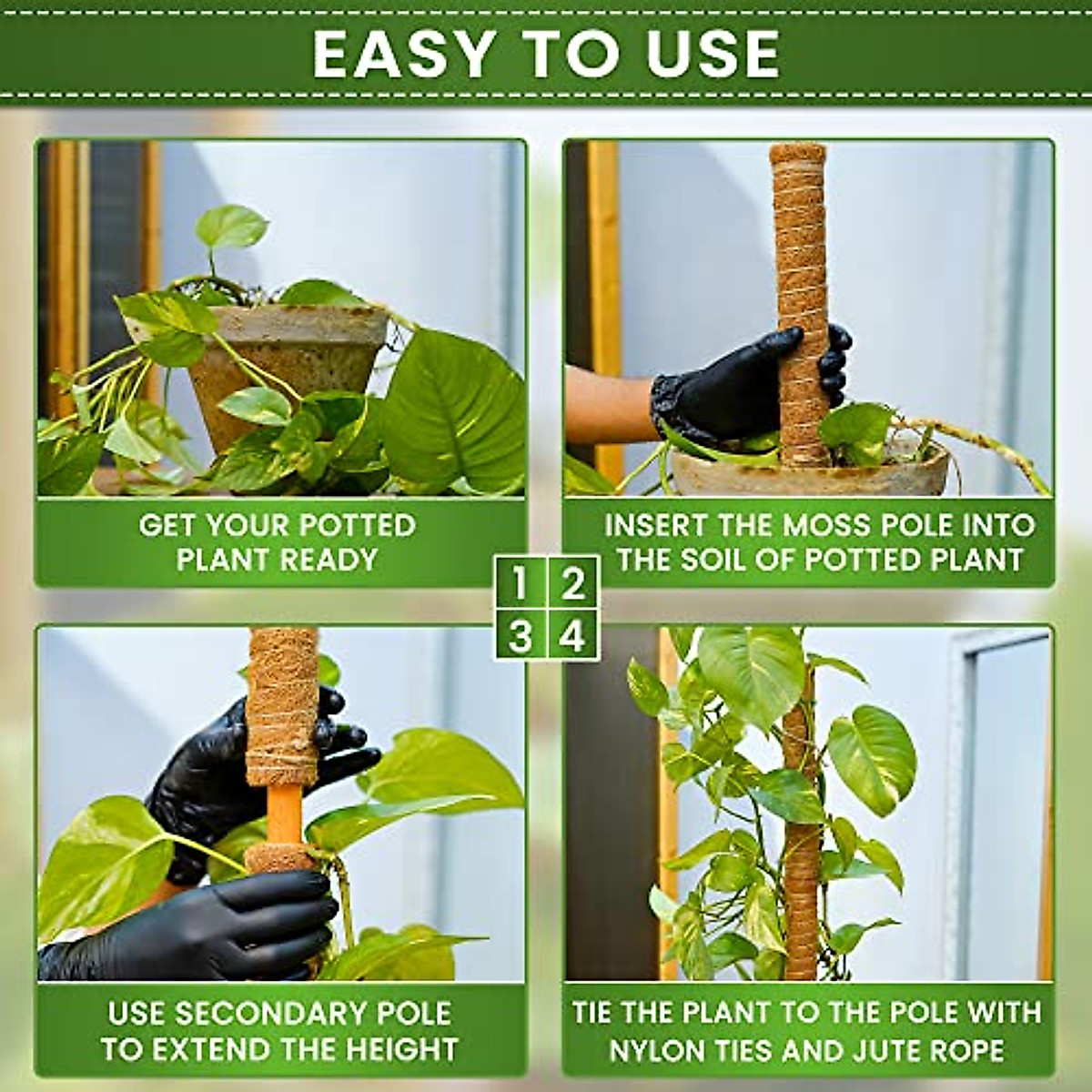 Moss Pole for Plants Monstera - 51.1” Stackable Plant Poles for Potted Plants Indoor and Outdoor (4 Pcs) – 16.9” Long Natural Coir Moss Sticks with Garden Twist Ties and Jute Rope