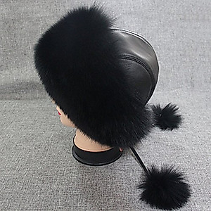 Gegefur Women's Real Fox Fur Hats Leather Earmuffs Warm Winter Hats (Black)