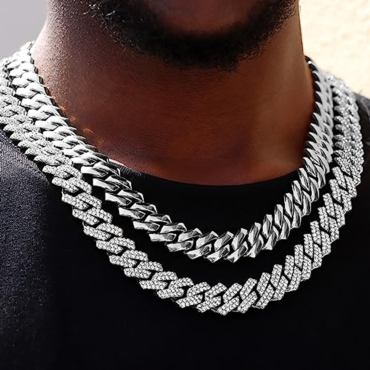 WKTYCCT 2pcs Cuban Link Chain for Men Women Iced Out Miami Cuban Necklaces Gold Silver 14mm Cuban Chain Necklace Sets Diamond Hip Hop Jewelry Gift (Silver, 16inch+18inch)