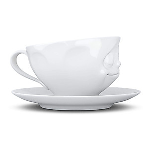 FIFTYEIGHT PRODUCTS TASSEN Porcelain Coffee Cup with Saucer, Happy Face Edition, 6.5 oz. White (Single Cup & Saucer)