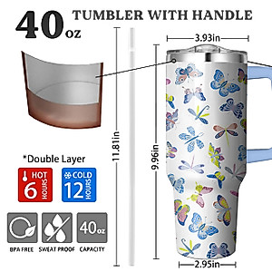Ksoemar 40 Oz Butterfly Tumbler with Handle and Straw, Double Wall Stainless Steel Cup, Butterfly Tumbler with Lid and Straw, 40 Oz Water Bottle and Mugs for Women Gifts