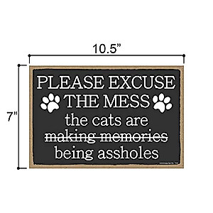 Honey Dew Gifts, Please Excuse the Mess, Funny Wooden Home Decor for Cat Pet Lovers, Hanging Decorative Wall Sign, 7 Inches by 10.5 Inches