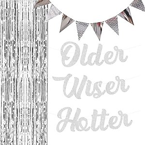 Older Wiser Hotter Banner, Silver Glitter Birthday Party Decorations for Adults, Funny 30th Happy Birthday Decor for Men Women, 40th 50th 60th Bday Triangle Flags Banner and Tinsel Foil Curtains Decor