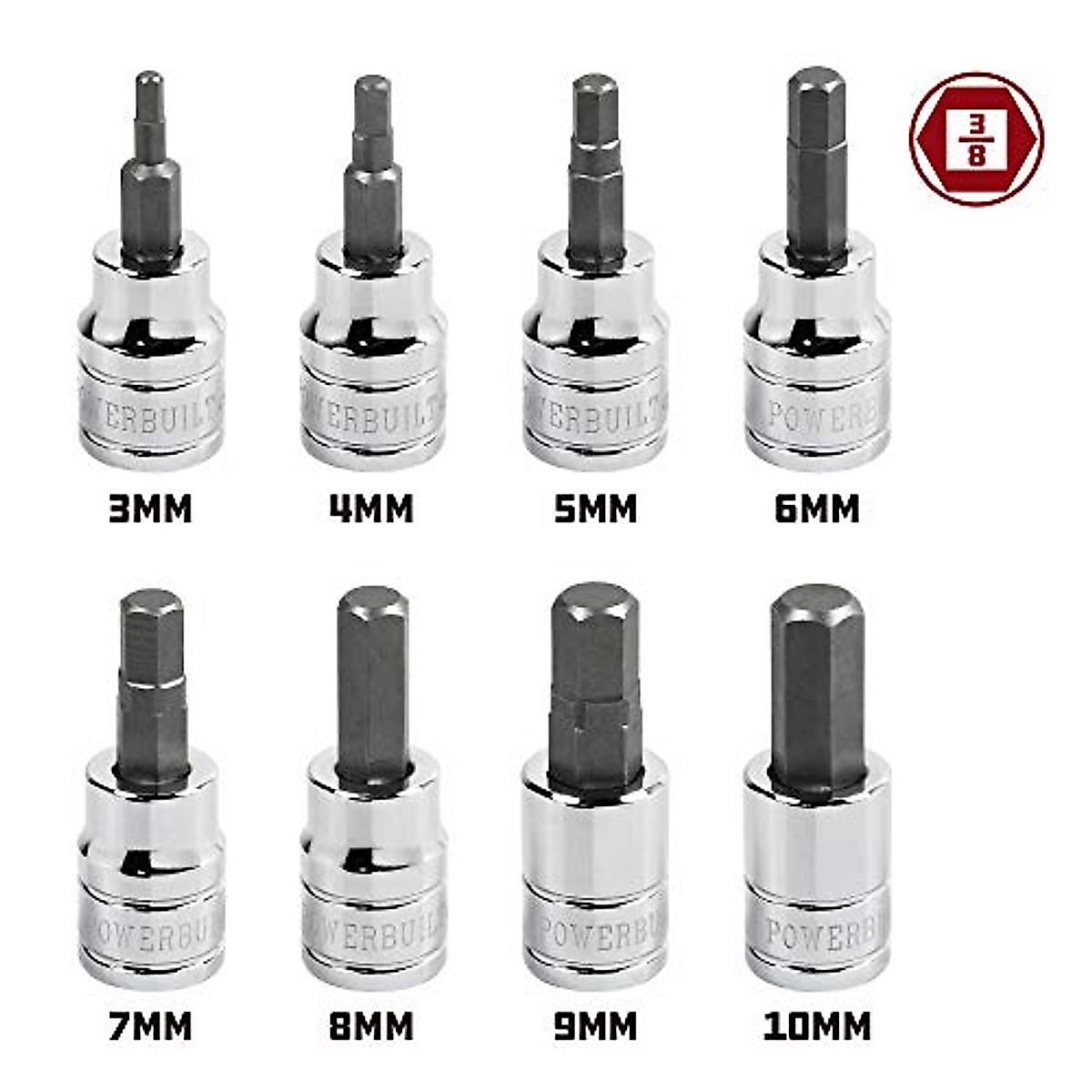 Powerbuilt Hex Bit Socket Set, 8 Piece, 3/8 Inch Drive Metric, Sizes 3-10mm, Ball End Sockets, Storage Rail - 642405