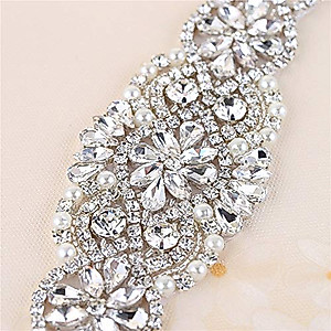 Crystal Rhinestone Appliques, 34.3 x 1.9 in, Pearls Beaded Embellishments Trim Handcrafted Elegant Sewing Hot fix for DIY Wedding Bridal Belts Sashes Prom Dresses - Silver