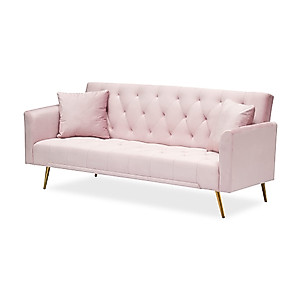 Anwickhomk 71" Modern Velvet Futon Sofa Bed, Convertible Double Sleeper Loveseat,Folding Recliner Couch with Adjustable Backrest/Armrests/Metal Legs for Living Room and Small Space (Pink)