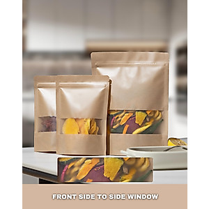 24/7 Bags- 200 Pack, Kraft Paper Stand Up Pouch Bag- 5.5" x 7.8", Resealable Zip-Lock with Front Window, Zero BPA, Easy Tear Notch, Self Stand Up, Food Grade Interior Coating