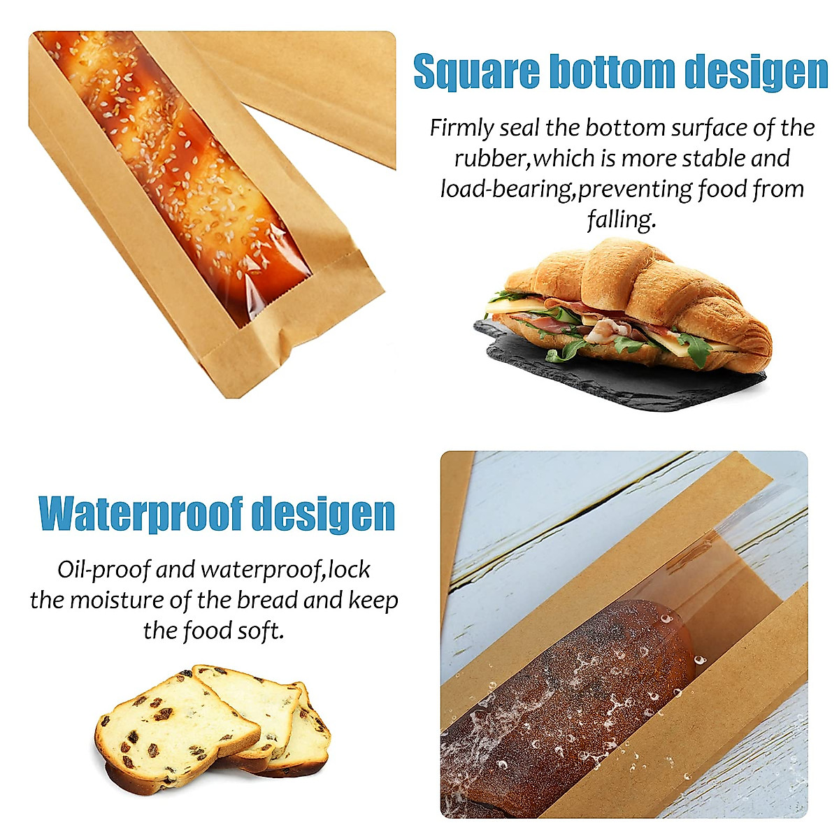 PAKIPER 50 Pack Cookie Packaging Bread Bags,Baguette Bags for Bread,Kraft Paper Bread Bags with Front Window, for Homemade Bread Baguette Kraft Bags with Clear Window and Seal Sticker,23.5"x3.6"x1.8"