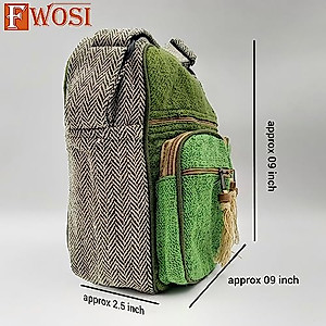 Fwosi Hemp Crossbody Messenger Bag - Unisex School Tote for Men & Women - Lightweight, Bohemian Shoulder Sling Bags - 4 Compartments, Zipper Closure, Adjustable Strap - Handmade in Nepal - Green