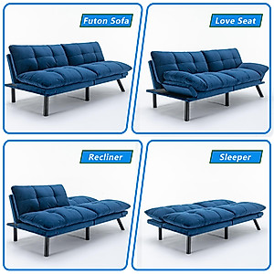 70" Futon Sofa Bed Couch,Convertible Modern Sleeper Sofa Couch with Metal Legs,Folding Loveseat Sofa with Adjustable Backrest for Living Room,Bedroom,Office,Small Space (Blue)