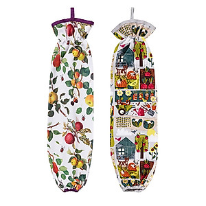 Grocery Plastic Bag Holder Dispenser with Decorative Print on Fabric | Storage Saver Cloth Sacks to Recycle and Reuse Plastic Bags | Set of 2 Hanging Grocery Bag Keeper