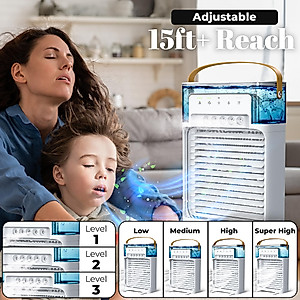 Portable Air Conditioner with Cooling Mist and Remote, Quiet comfort with 4 Speeds, XL 1200ml tank, Personal AC Fan with 5 Mists, 7 Night Lights, 2, 4, 6, 8H Timer, for Home, Office, White