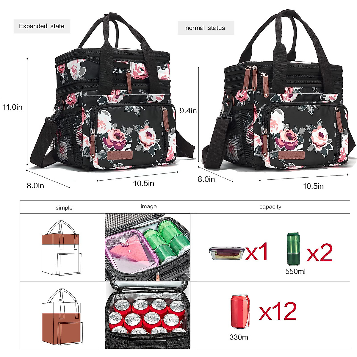 MOV COMPRA Lunch Bag Women Flower Insulated Lunch Box for Work, Expandable Large Lunch Bag, Leakproof Double Deck Lunch Box Cooler Bag with Removable Shoulder Strap（Flower）