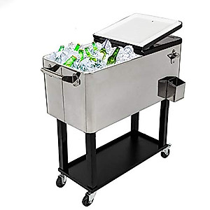 MTFY 80 Quart Patio Cooler Rolling Cooler Ice Chest with Shelf, Stainless Steel Ice Chest Portable Patio Party Bar Drink Cooling Cart Beverage Cooler Cart with Wheels and Bottle Opener