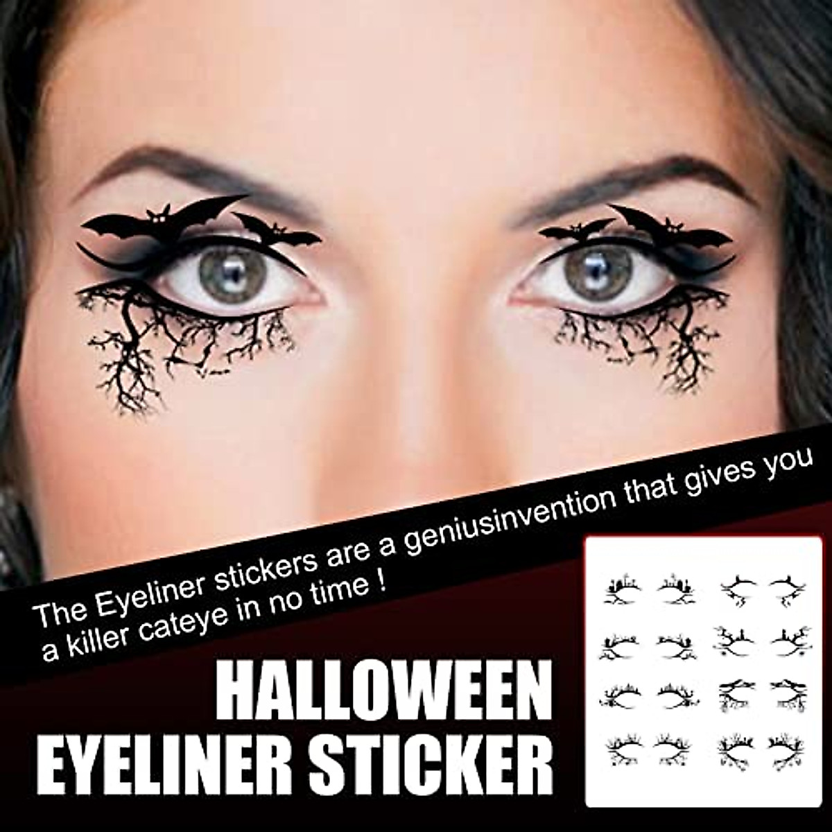16Pcs Halloween Eyeshadow Eyeliner Sticker Spider Web Skull Bat Eye Shadow Decals for Women Halloween Masquerade Party Face Eye Realistic Makeup 3D Self- Adhesive Eye Art Decoration Tools