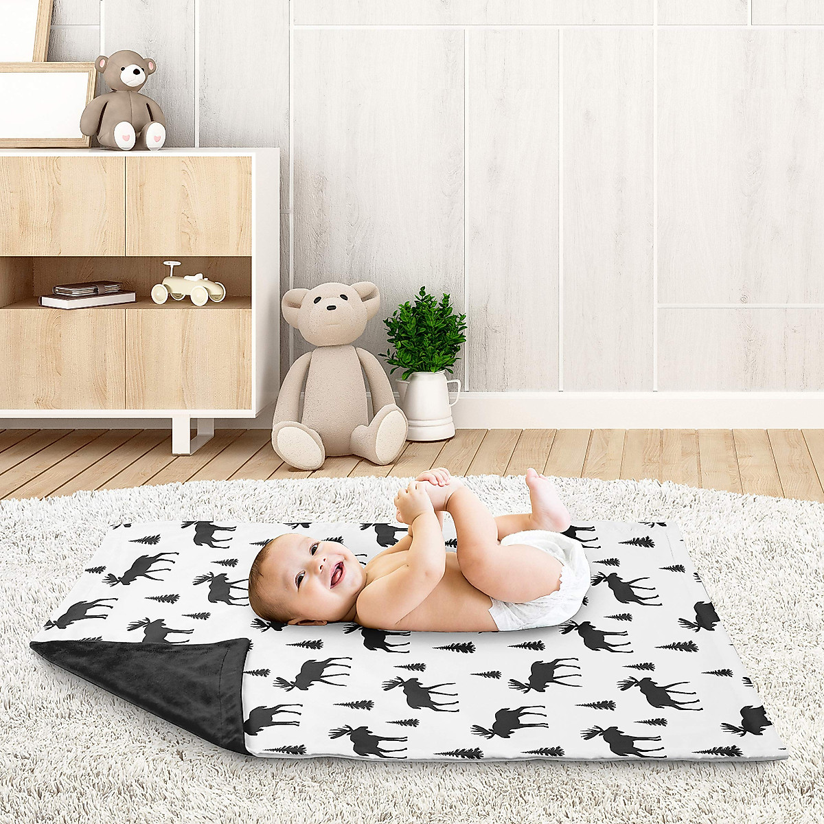 Sweet Jojo Designs Woodland Moose Rustic Patch Baby Boy Receiving Security Swaddle Blanket for Newborn or Toddler Nursery Car Seat Stroller Soft Minky - Black and White