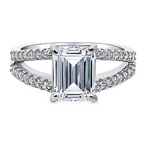 BERRICLE Sterling Silver Solitaire Wedding Engagement Rings 2.6 Carat Emerald Cut Cubic Zirconia CZ Cocktail Promise Split Shank Ring for Women, Rhodium Plated Size 7