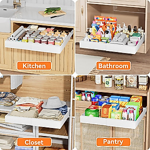 Expandable Pull Out Cabinet Organizer - Slide Out Cabinet Drawer Adhesive Kitchen Sliding Drawers with 4pcs Divider Racks for Pantry Bathroom Under Sink Home Storage, Width 12.2"-20.7"，White