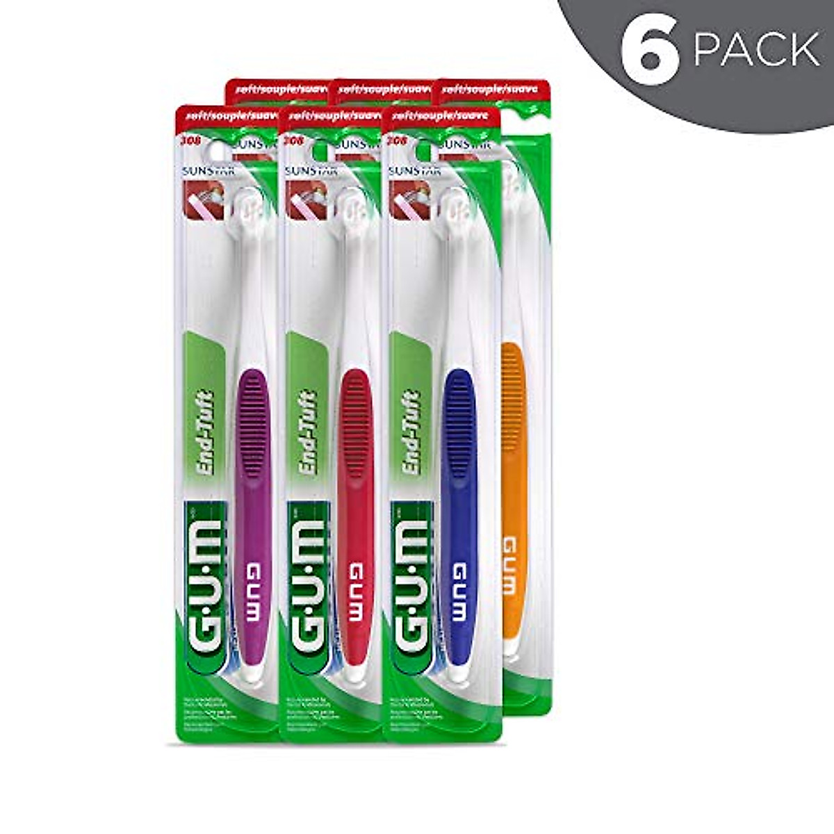 GUM - 10070942003084 End-Tuft Toothbrush for Hard-to-Reach Areas, Soft Bristles (Pack of 6)