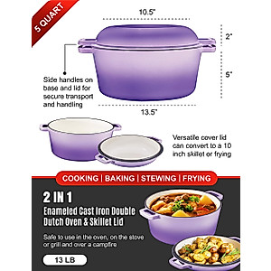 Bruntmor 2-in-1 Enamel Cast Iron Dutch Oven With Handles - Crock Pot Purple Cast Iron pot with Skillet lid - All-in-One Cookware Braising Pan for Casserole Dish - 5 Quart, Purple