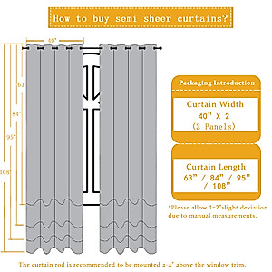 Fragrantex Semi-Sheer Grey Curtains Bedroom 95inch Long for Living Room Faux Linen Look Sliver Gray Curtain Window Treatment Set Grommet Curtain 2 Panels,40" Wx95 L