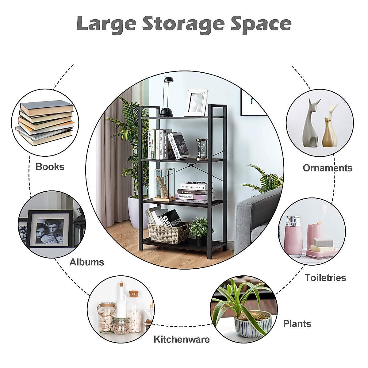 Giantex 4-Tier Industrial Bookshelf, Vintage Bookcase with Metal Frame, Standing Shelf Unit, Storage Shelves, Book Shelf for Living Room, Bedroom, Office, Black