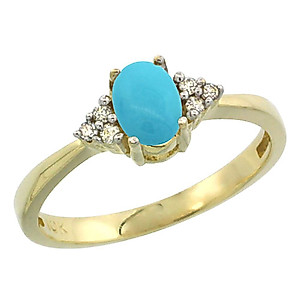 10K Yellow Gold Natural Turquoise Ring Oval 6x4mm Diamond Accent, size 10