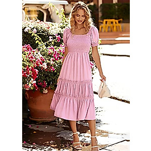 KIRUNDO 2023 Spring Summer Womens Square Neck Smocked Short Puff Sleeve Tiered Midi Dress Solid Casual A Line Flowy Dresses(Solid-Pink, X-Large)