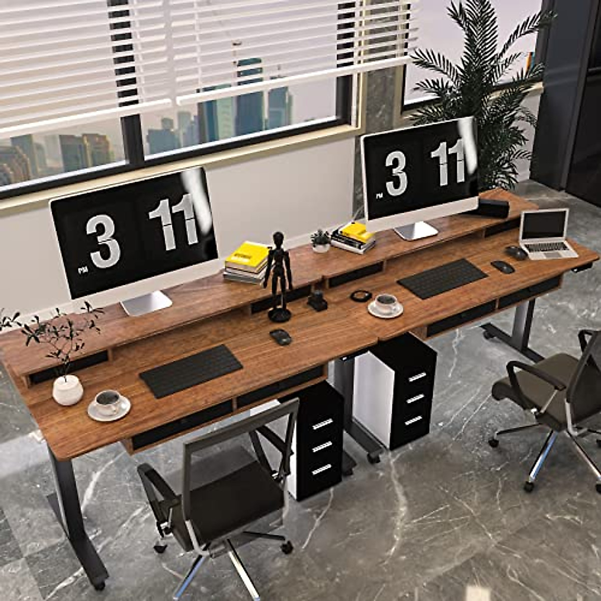 ExaDesk Electric Standing Desk with 4 Drawers, 55 x 30 Inches Adjustable Desk with Storage Shelf, Stand Up Desk for Home and Office, Rustic Brown Top/Black Frame