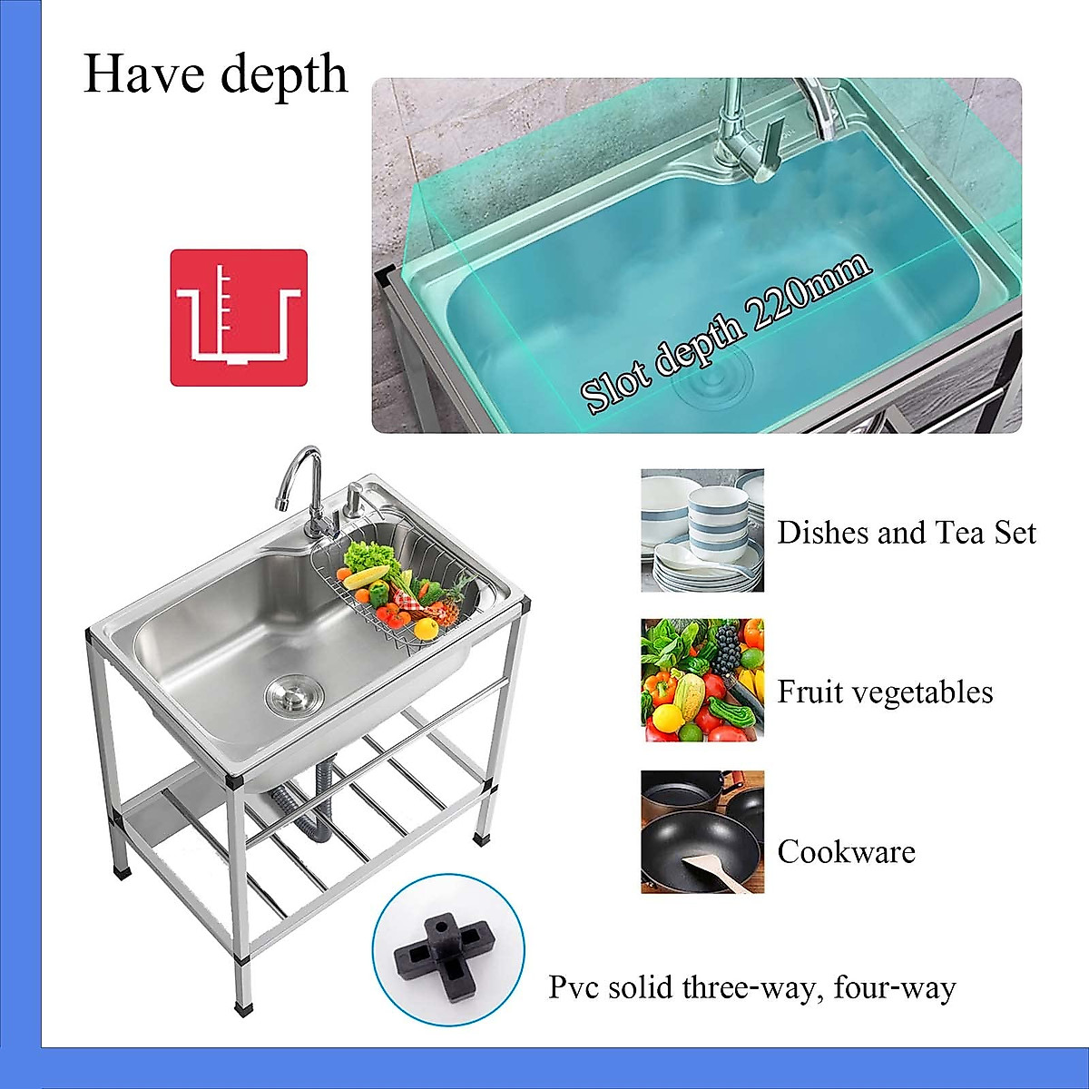 SEYFI Kitchen Sinks Freestanding Stainless Steel for Kitchen Single Bowl Commercial Restaurant Kitchen Sink, for Laundry, Backyard, Garage, Restaurant/Hot and Cold/Single Cold/52 * 38