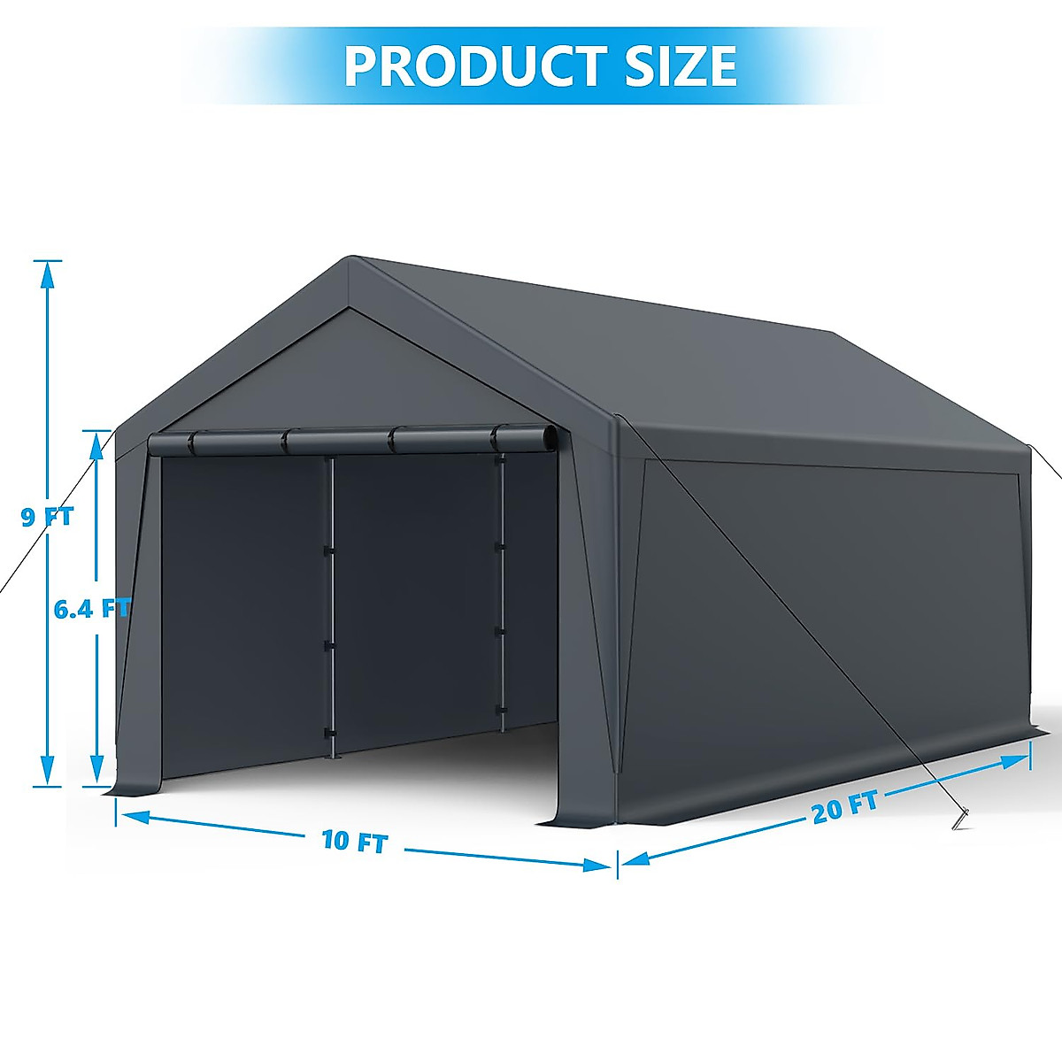 Raxmolo 10x20FT Heavy Duty Carport, Portable Garage with Removable Sidewalls and Doors for Car, Truck, SUV, UV Resistant Waterproof Carport Canopy for Outdoor, All-Season Tarp for Car (Gray)
