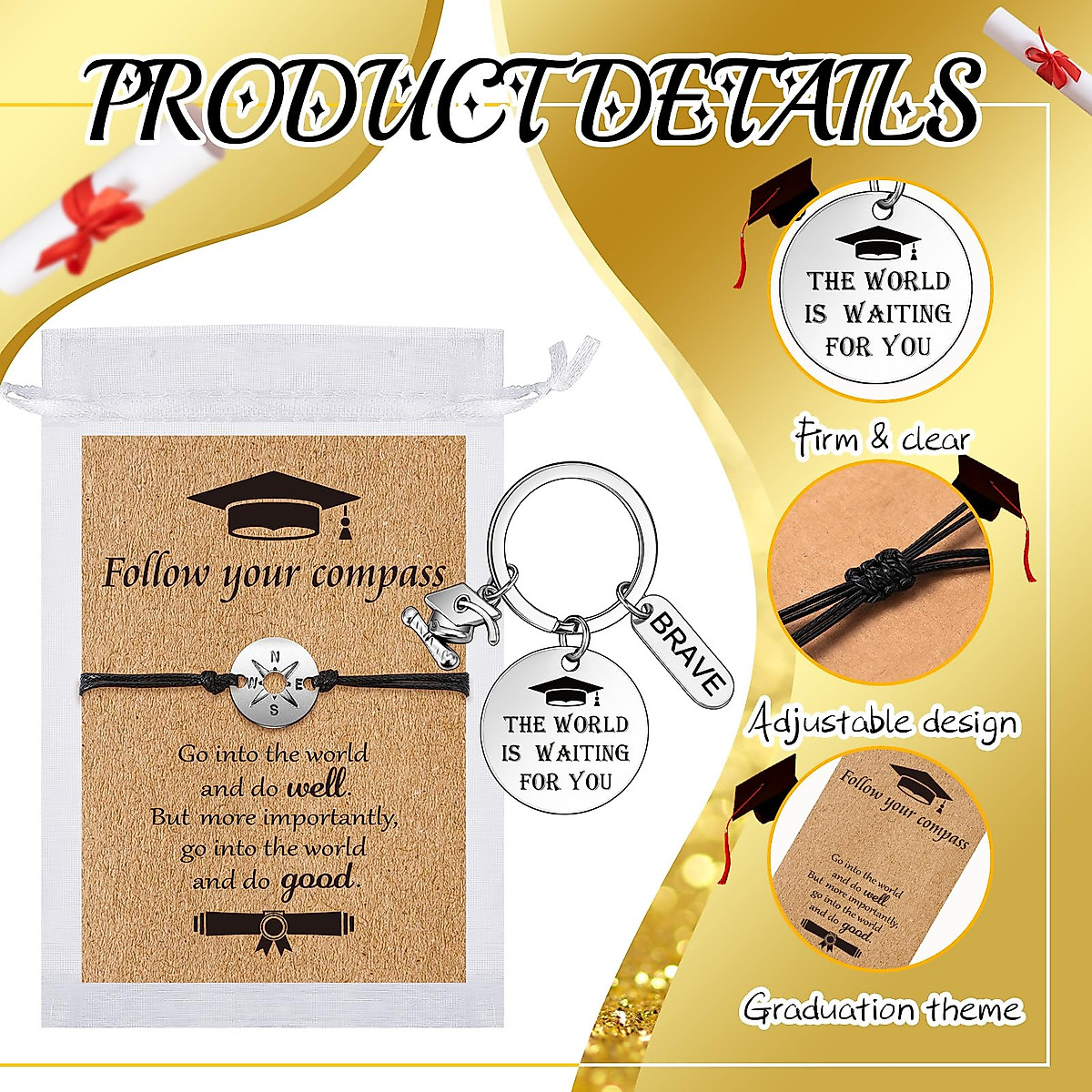 Junkin 20 Pack Graduation Bracelet Gift for Her Him Graduation Keychain Class of 2024 Student Compass Bracelet College School