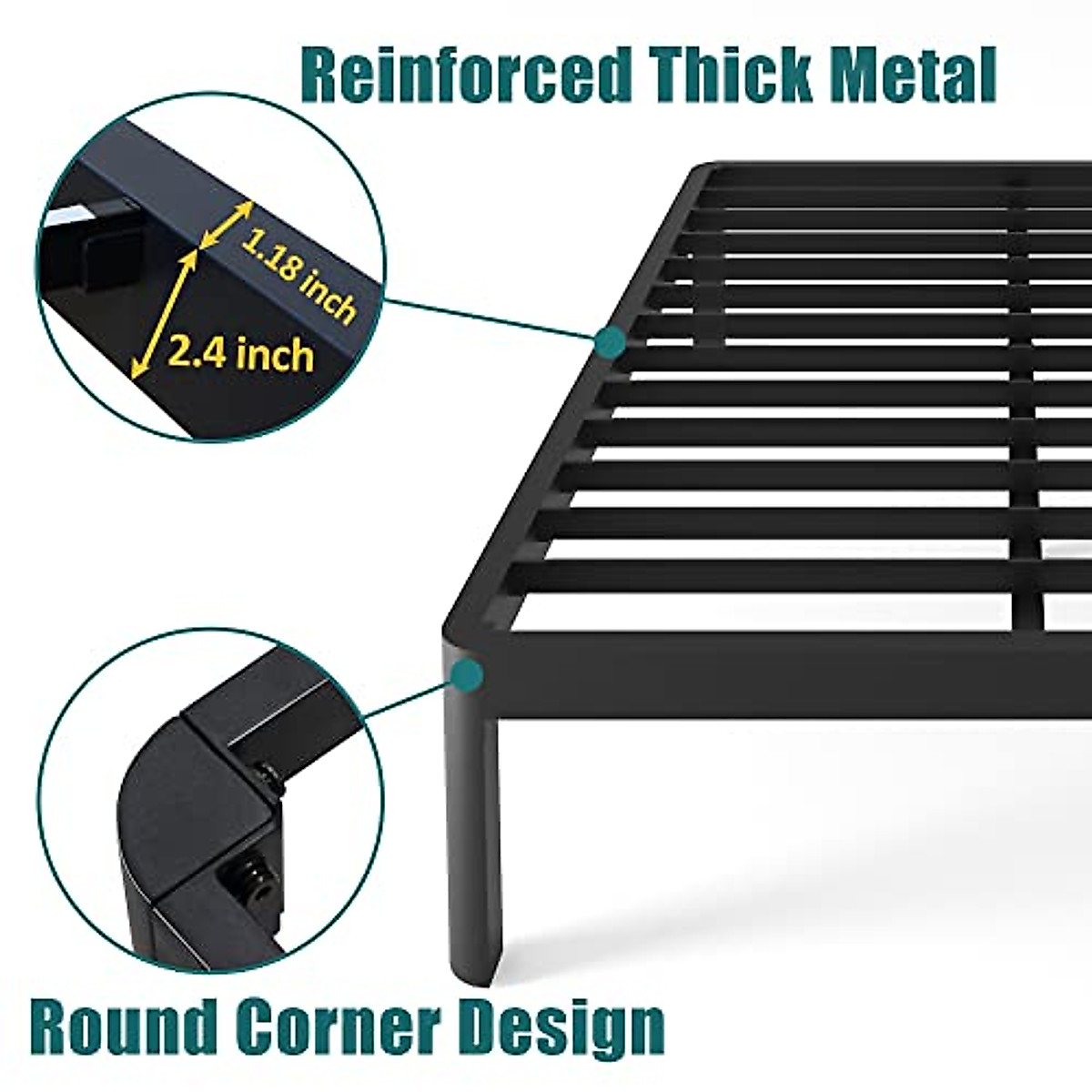 Yitong Angel King Bed Frame with Round Corner Edge Legs, 14 Inch High 3500 lbs Metal Platform Bed Frame King Size, No Box Spring Needed/Noise Free/Heavy Duty Steel Slat Support/Non-Slip