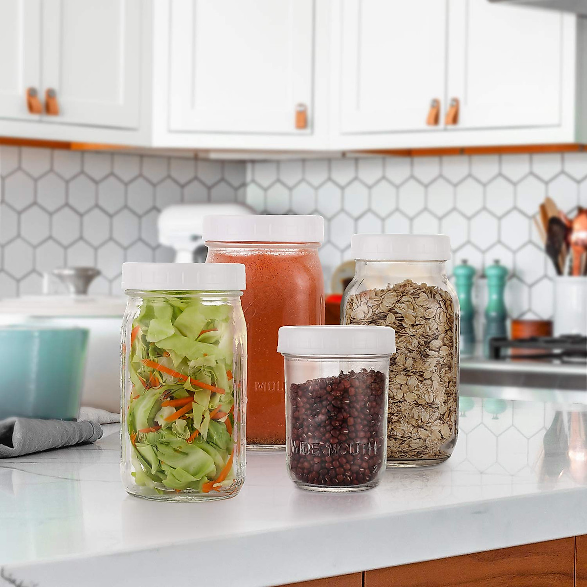 Aozita 16-Pack Plastic Mason Jar Lids with Sealing Rings - Storage Caps for Ball Kerr Canning Jars - 8 Regular Mouth and 8 Wide Mouth Jar Lids - 100% Sealing