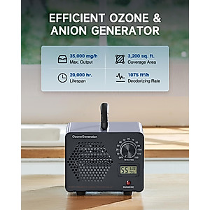 CREWORKS Ozone Generator, 35000 mg/h High Capacity Ozone Machine for Car Home Smoke Pet Odor Removal, Commercial Ozone Odor Eliminator Air Purifier with Timer Display for 3200 sq ft Room, Black