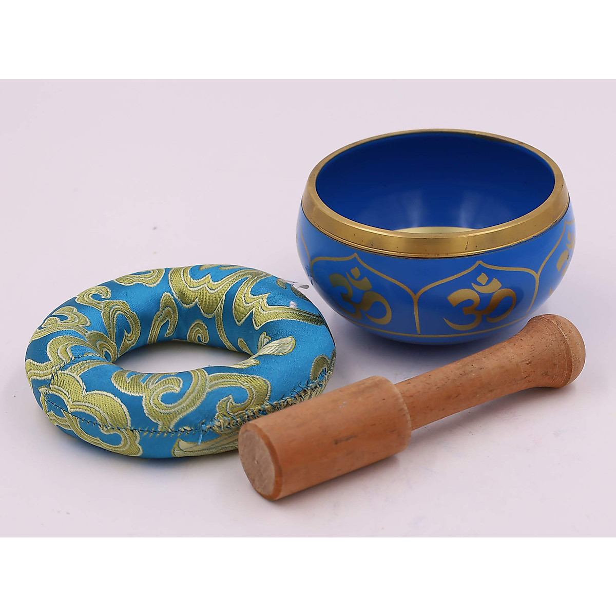 DharmaObjects ~ Tibetan OM Singing Bowl Set ~ With Mallet, Brocade Cushion & Carry Bag ~ For Meditation, Chakra Healing, Prayer, Yoga (OM, Turquoise)