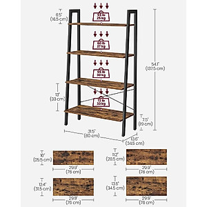 VASAGLE Ladder Shelf, 4-Tier Bookshelf, Storage Rack, Bookcase with Steel Frame, for Living Room, Home Office, Kitchen, Bedroom, Industrial Style, Rustic Brown and Black ULLS144B01