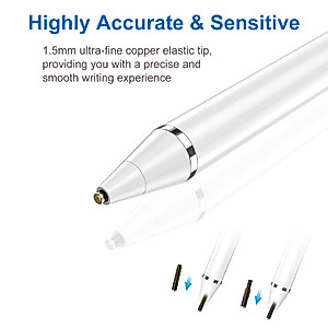 Stylus Pens for Touch Screens, Fine Point Rechargeable Active Stylus Pencil Digital Pens Compatible with iPhone iPad HP DELL Tablet Chromebook Kindle Fire (White)