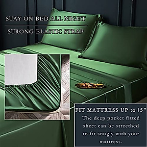 Koreyoshi 4 Pcs Satin Sheets Queen - Silk Silky Super Soft Extra Deep Pocket Queen Sheet Sets - Wrinkle & Fade Free - Deep Pocket Fitted Sheet, Flat Sheet, Pillow Cases (Queen, Olive Green)