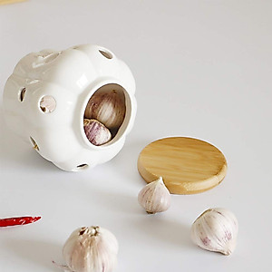 White Garlic Container, Potato Onion Kitchen storage Jar, 12 Vented Bamboo Wood Lid, Garlic Crisper, Food Storage Container (White)