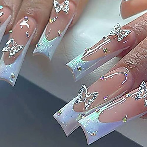 24pcs Long Square Fake Nails French Tip Press on Nails 3D Metal Butterfly Glue on Nails Glossy Rhinestone Acrylic Nails Pink White False Nails Long for Women Manicure Decorations