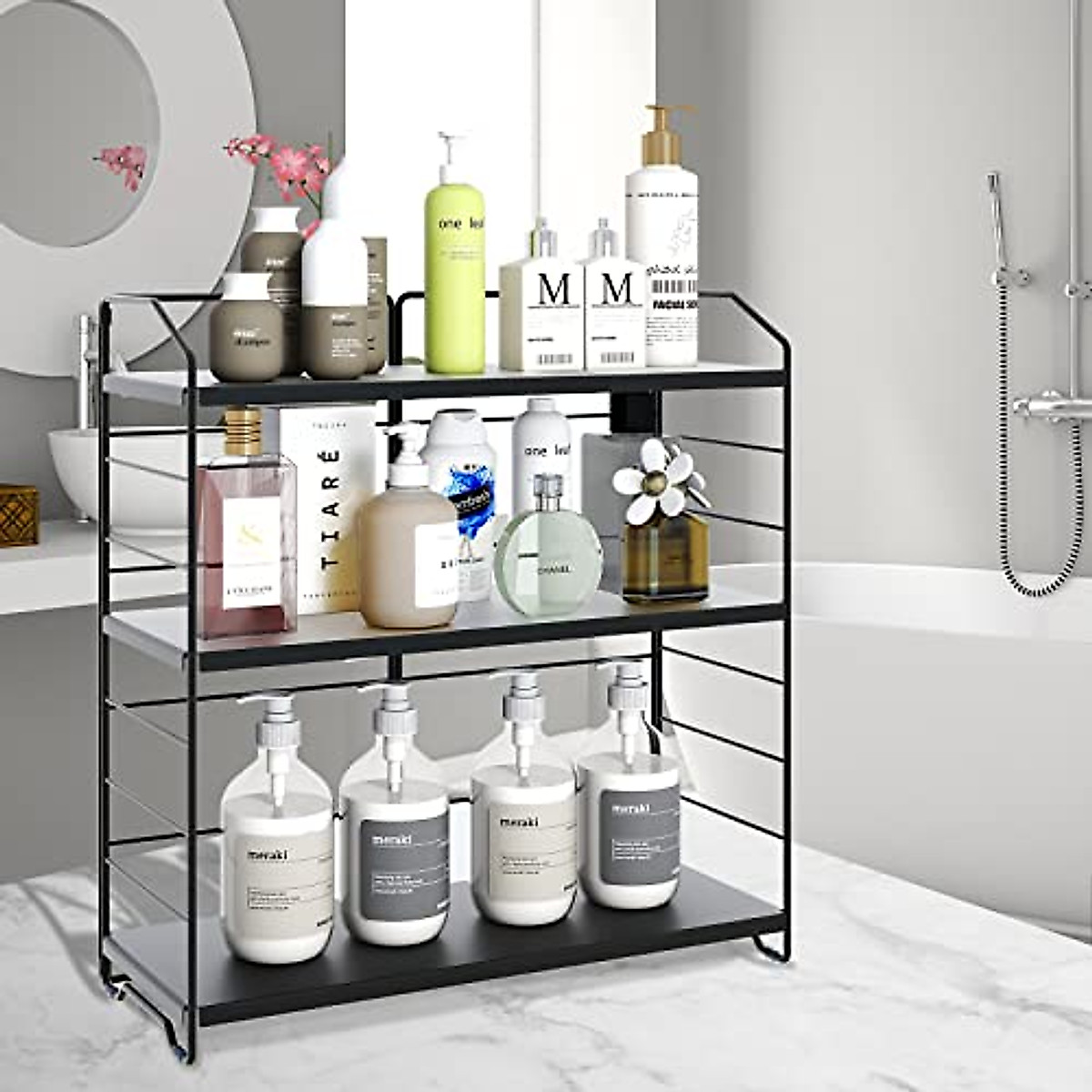 BOIVSHI 3-Tier Bathroom Countertop Organizer, 8-levels Height Adjustable Bathroom Counter Organizer Storage Shelf for Bathroom Kitchen Spice Rack Vanity Tray Cosmetic Storage Holder, Metal Black