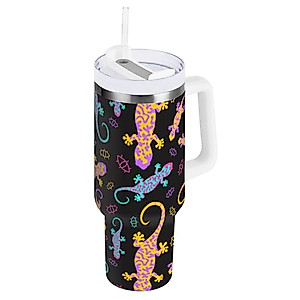 Hippie Gecko Leopard Blue Tumbler with Handle and Straw Lid, 40 oz Insulated Coffee Cup Stainless Steel Water Bottle Travel Mug Cupholder Friendly,Gifts for Women Men