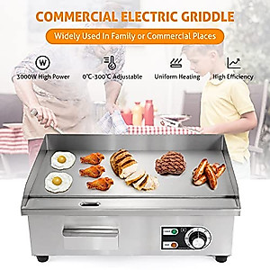 WICHEMI 22" Electric Griddle Grill Commercial Countertop Griddle Flat Top Grill Hot Plate Non-Stick Stainless Steel Teppanyaki Grill for Restaurant Kitchen, 110V 3000W