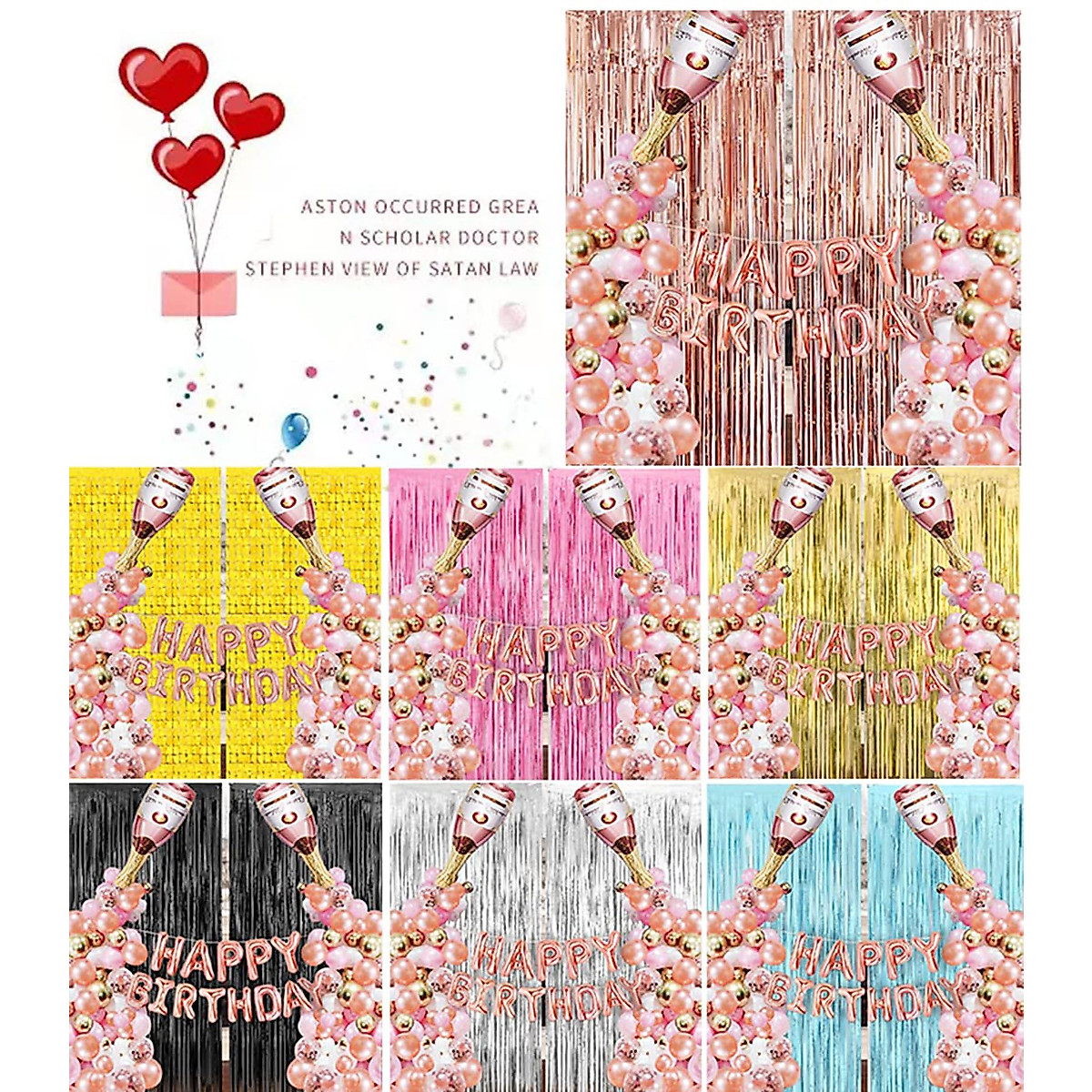 Rose Gold Birthday Decorations for Women, Include Happy Birthday Banner, Rose Gold Champagne Balloon Garland Arch Kit and 2Pcs Rose Gold Fringe Curtain