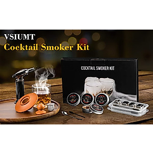Cocktail Smoker Kit with Torch, Ice Cubes, 4 Flavors Wood Chips, Whiskey Drink Smoker Old Fashioned Smoker Kit for Whiskey Cocktail Wine, No Butane