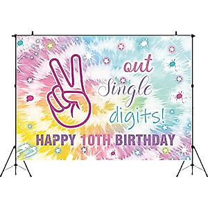 Hilioens 7×5ft Out Single Digits Happy 10th Birthday Backdrop Tie Dye Rainbow Girls Birthday I'm 10 Background for Photography Girls Tenth Birthday Party Banner Decorations